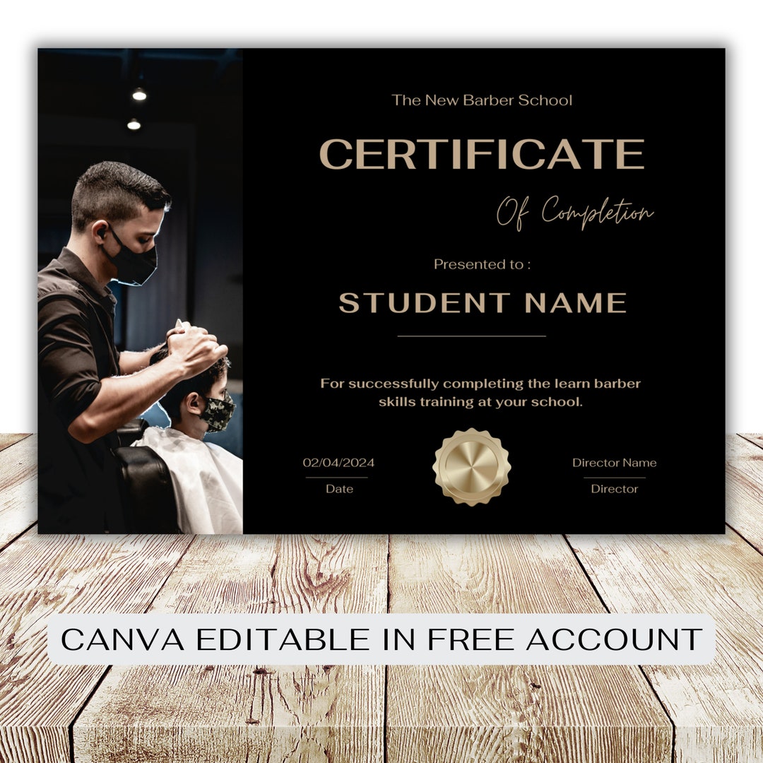 Hair / Barber Certificate Diploma Template Canva Template Gold ...