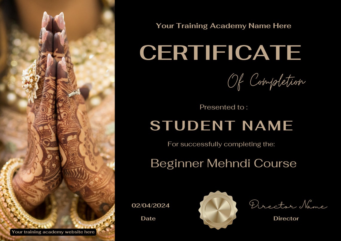 Mehndi Certificate / Diploma Template Mehndi Tattoo Certificate Gold ...