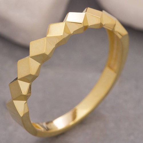 14k Solid Gold Vintage Patterned Band Ring Geometric Faceted - Etsy