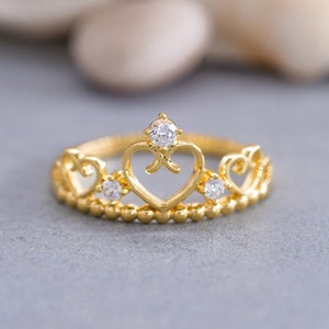 14K Solid Gold Heart Crown Ring, 925 Sterling Silver Heart Crown Ring ...