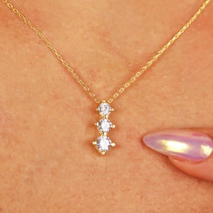 14K Solid Gold Three Stone Solitaire Necklace, 925 Sterling Silver ...