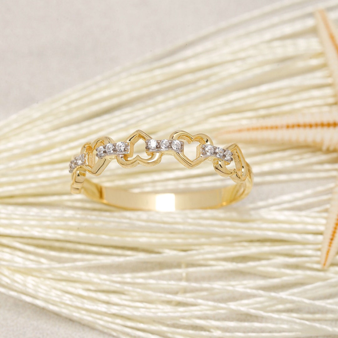 14k Solid Gold Heart Chain Ring, Heart Ring, 14K Minimalist Ring ...