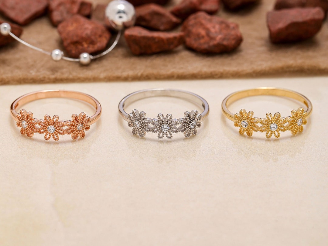 14K Solid Gold Daisy Ring, 925 Sterling Silver Daisy Ring, Elegant Minimalist Ring, Daisy Ring ...