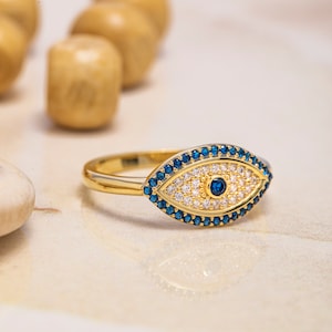 14K Solid Gold Evil Eye Ring, Sterling Silver Evil Eye Ring, Handmade ...