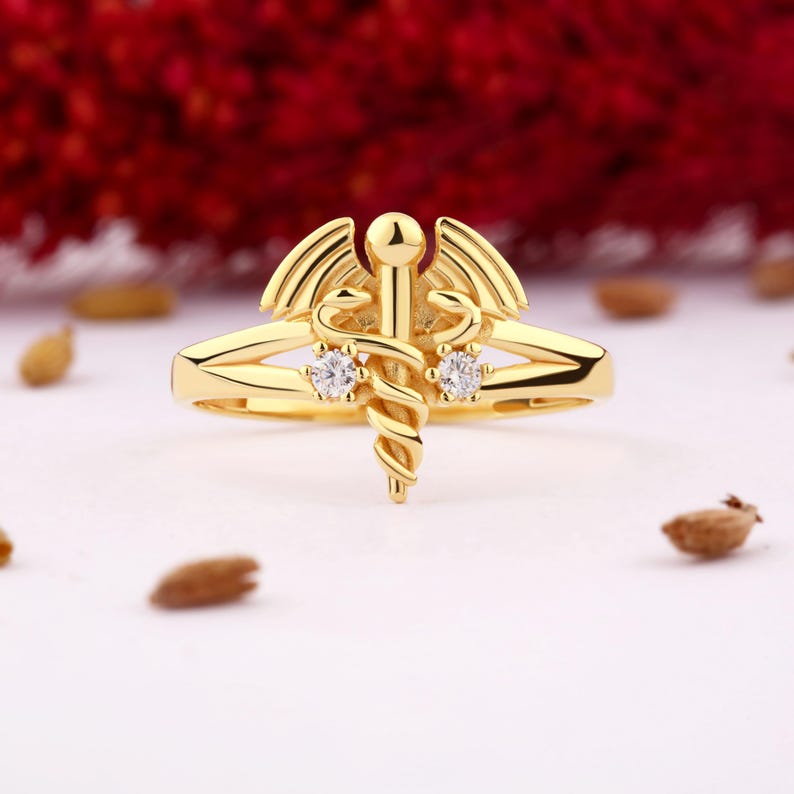 14K Solid Gold Caduceus Symbol Ring, Sterling Silver Ring, Rod of ...
