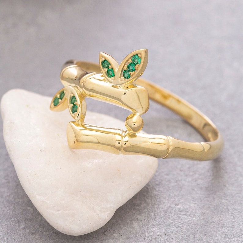 Bamboo Leaf Ring, 14K Solid Gold Bamboo Ring, 925 Sterling Silver ...