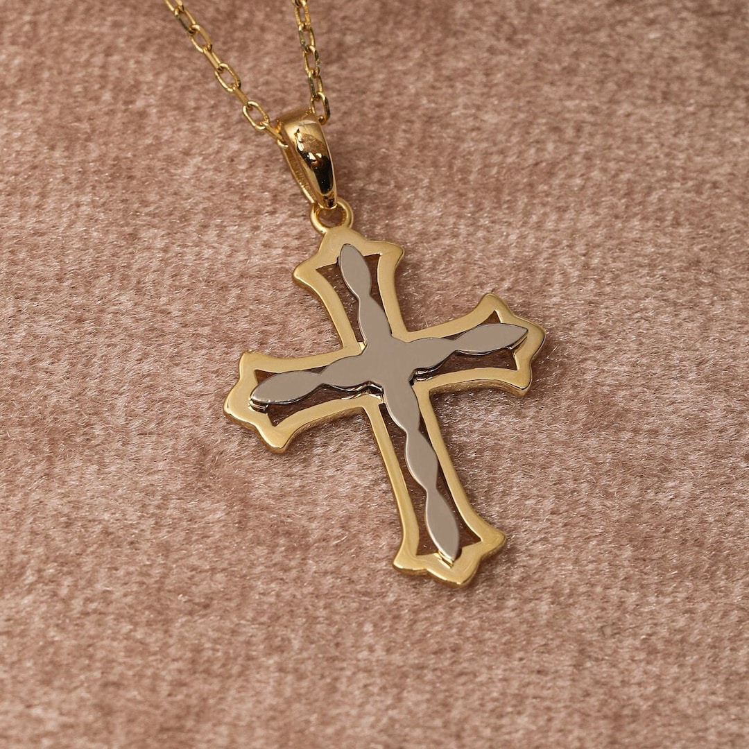 14K Solid Gold 2 Tone Cross Necklace, 925 Sterling Silver 2 Tone Cross ...