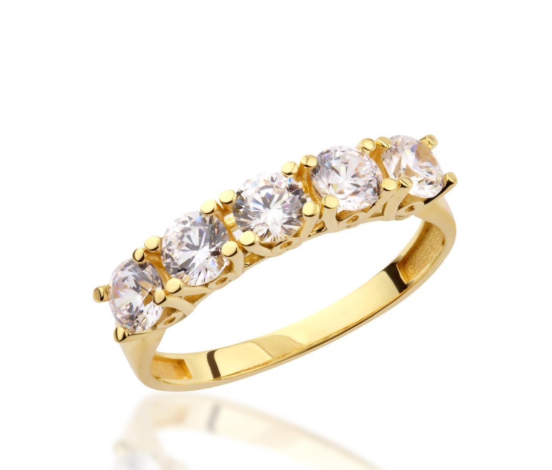14K Solid Gold Circle Five Stone Ring, Sterling Silver 5 Stone Ring ...