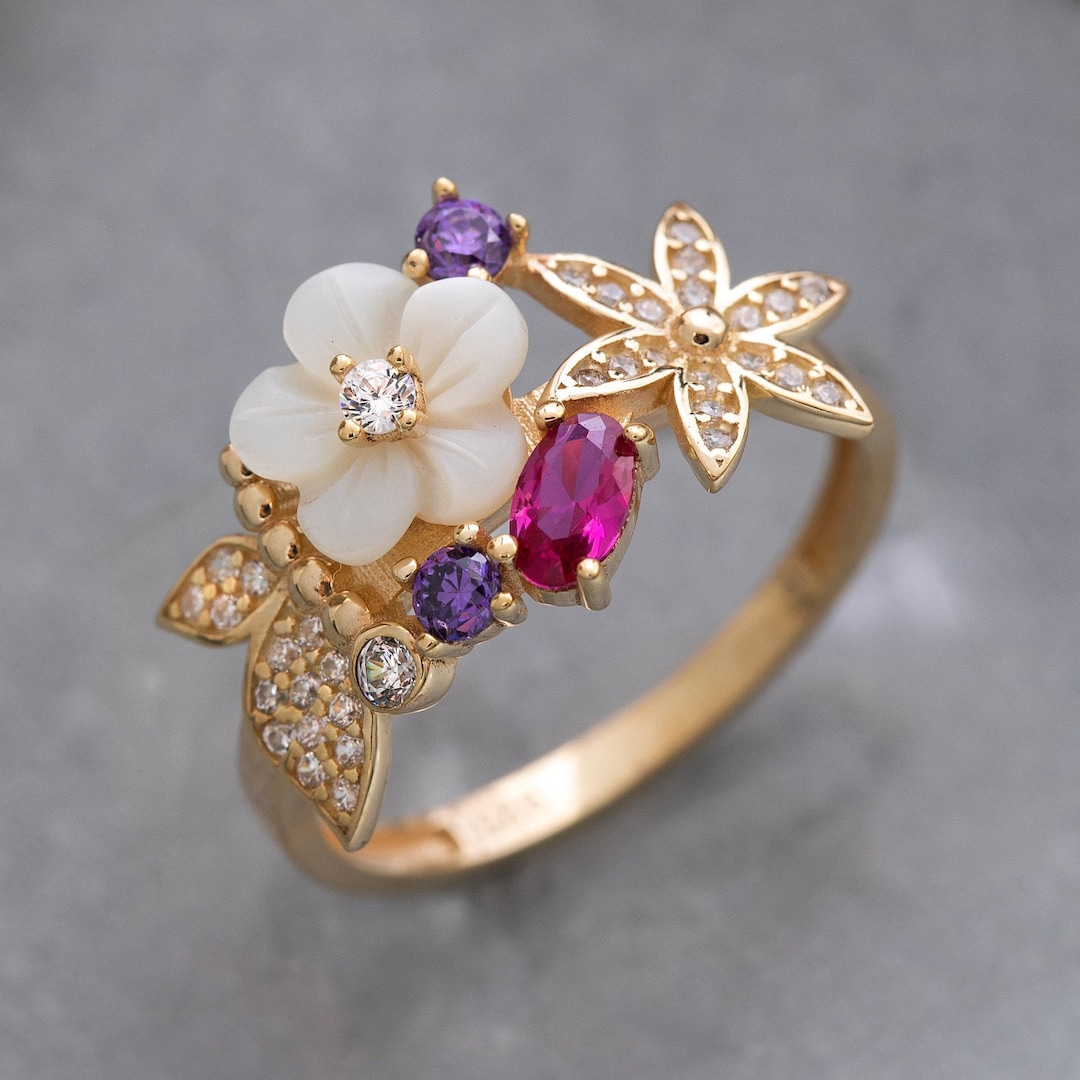 14K Solid Gold Magnolia Flower Ring, 925 Sterling Silver Magnolia ...