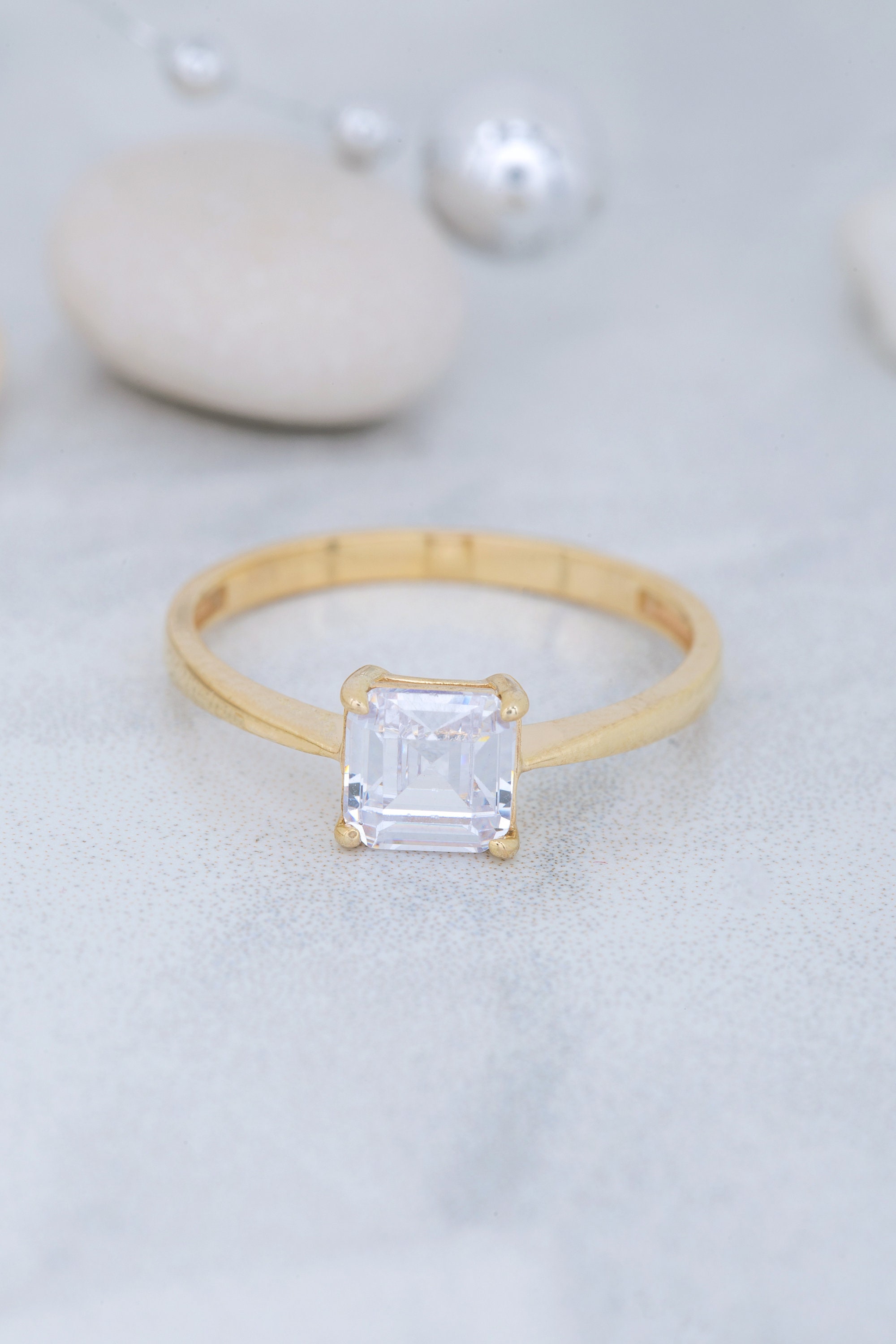 14K Solid Gold Square Stone Solitaire Ring 925 Sterling - Etsy