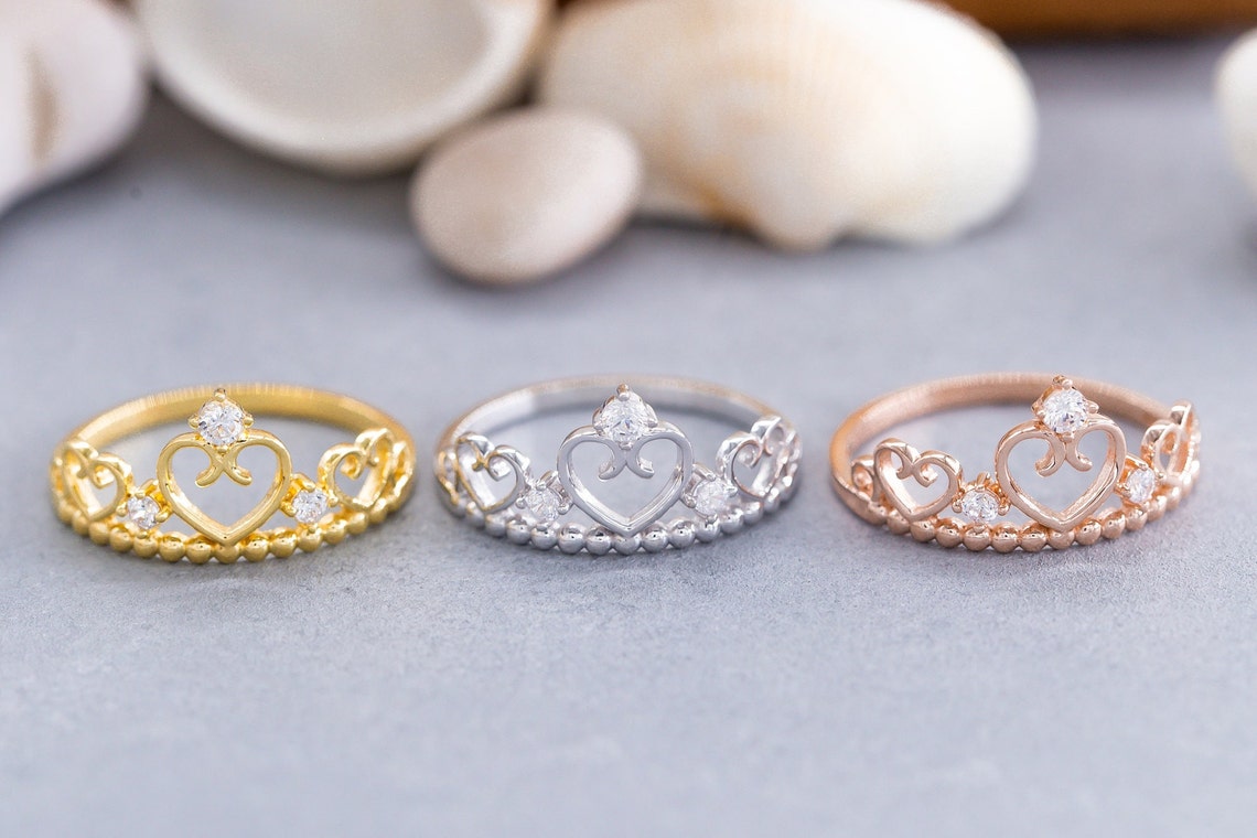 14K Solid Gold Heart Crown Ring 925 Sterling Silver Heart - Etsy