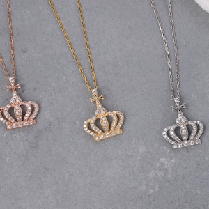 14K Solid Gold Cross Crown Necklace, 925 Silver Cross Crown Necklace ...