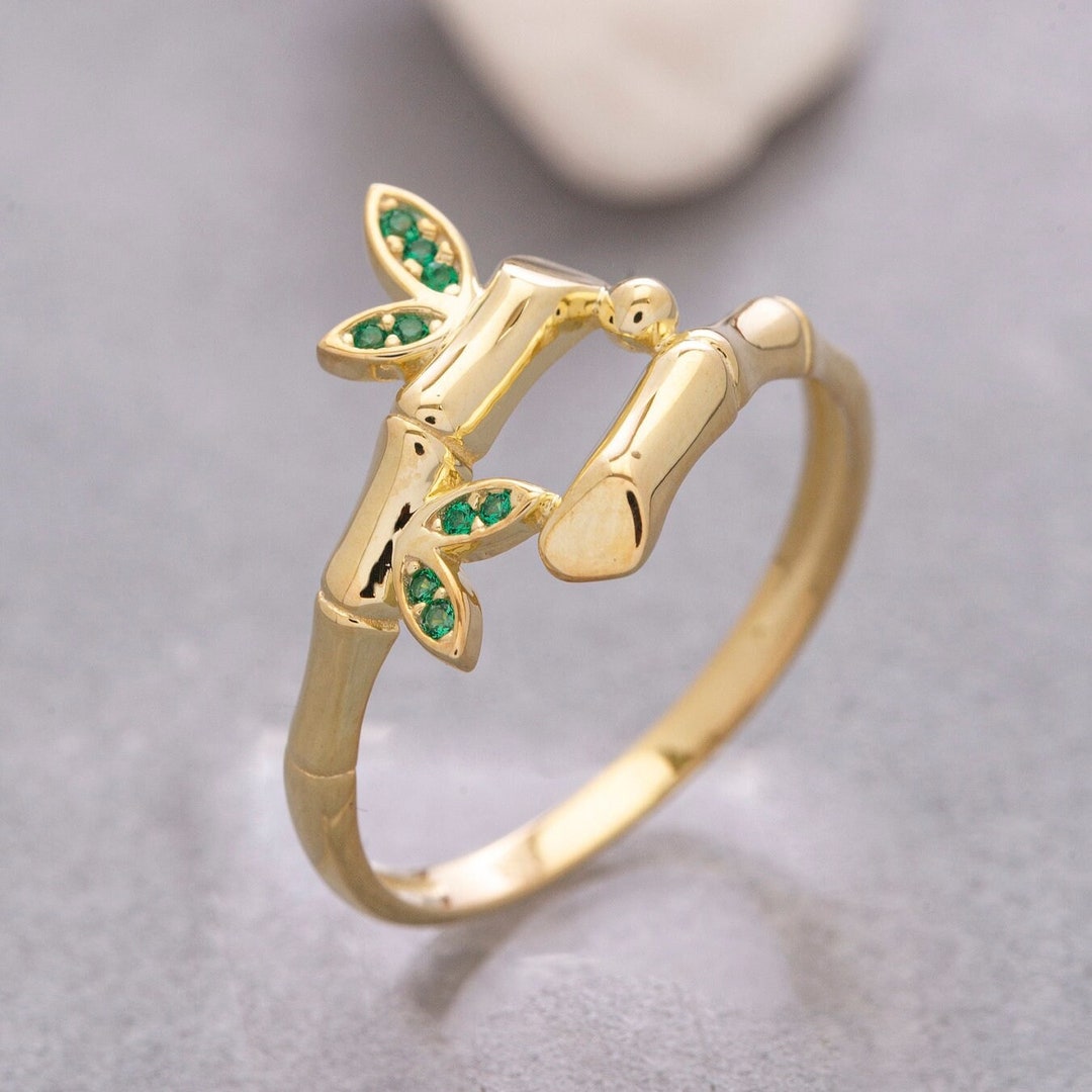 Bamboo Leaf Ring, 14K Solid Gold Bamboo Ring, 925 Sterling Silver ...
