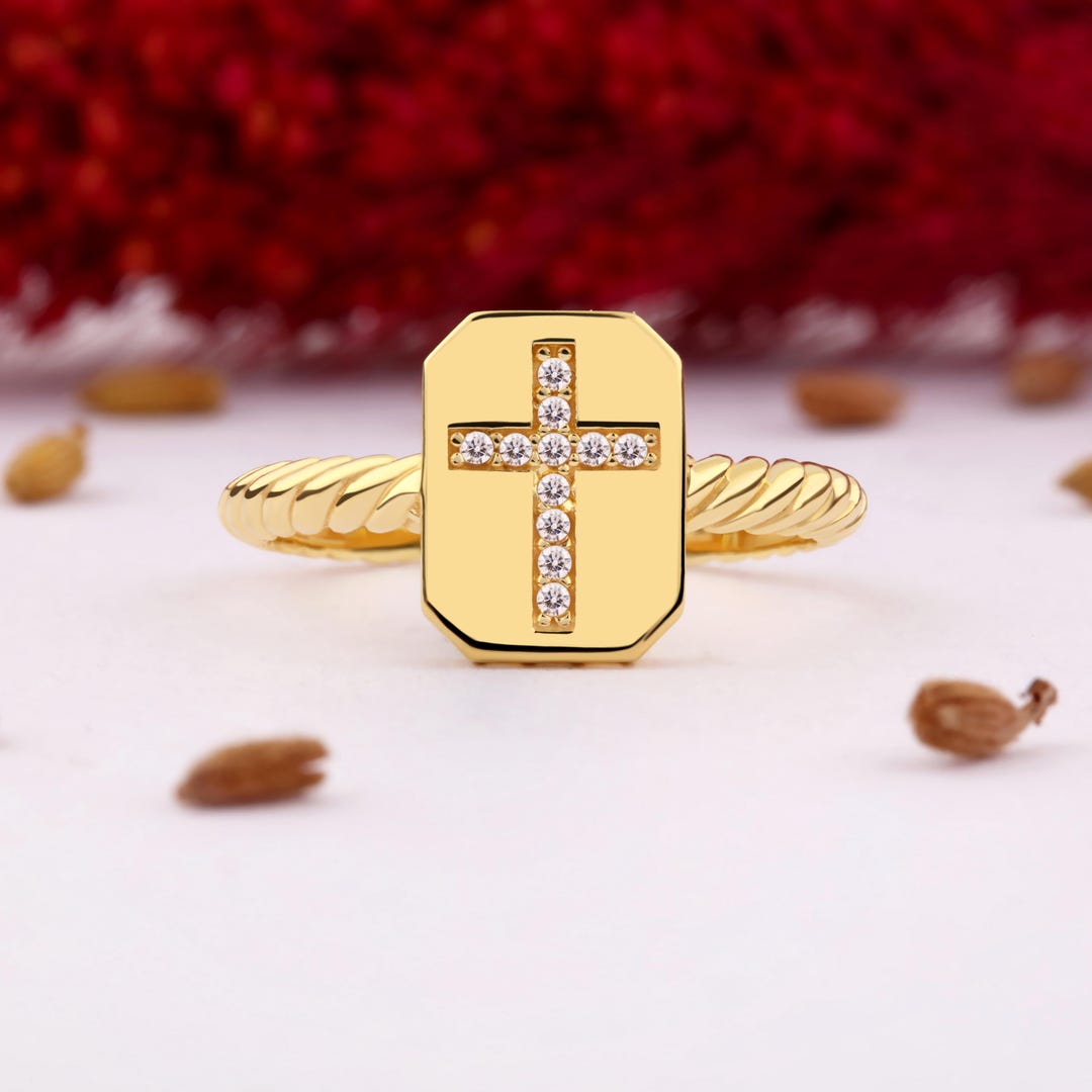 Twist Signet Cross Ring, 14K Solid Gold Cross Ring, 925 Sterling Silver ...