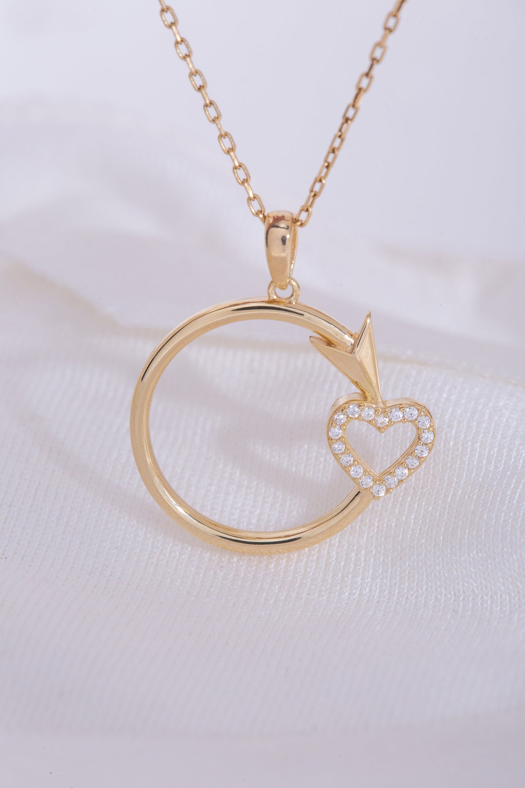 14K Solid Gold Arrow Necklace, Sterling Silver Arrow Necklace, Heart ...