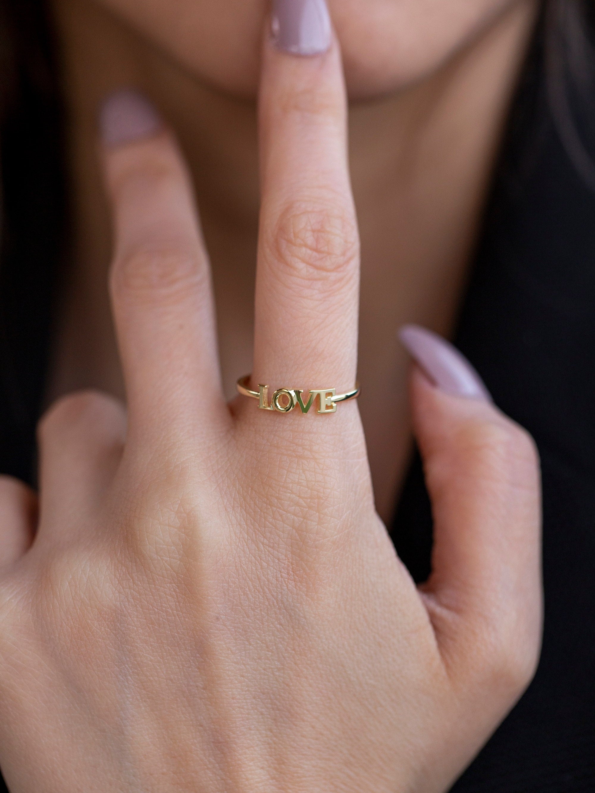 Scprit Love Ring, 14K Solid Gold Love Ring, Sterling Silver Love Ring ...