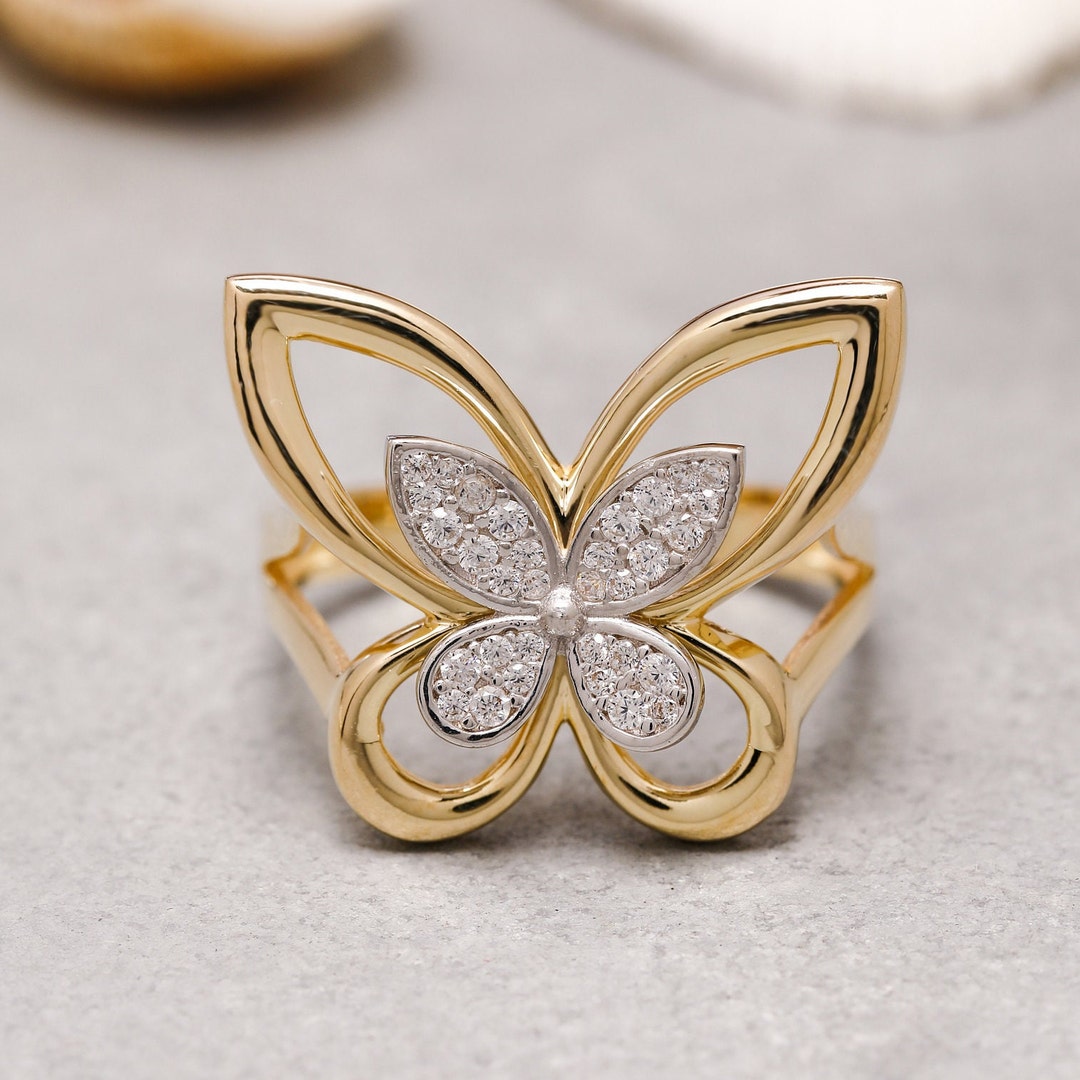 14K Solid Gold Butterfly Ring, 925 Sterling Silver Butterfly Ring, 2 ...