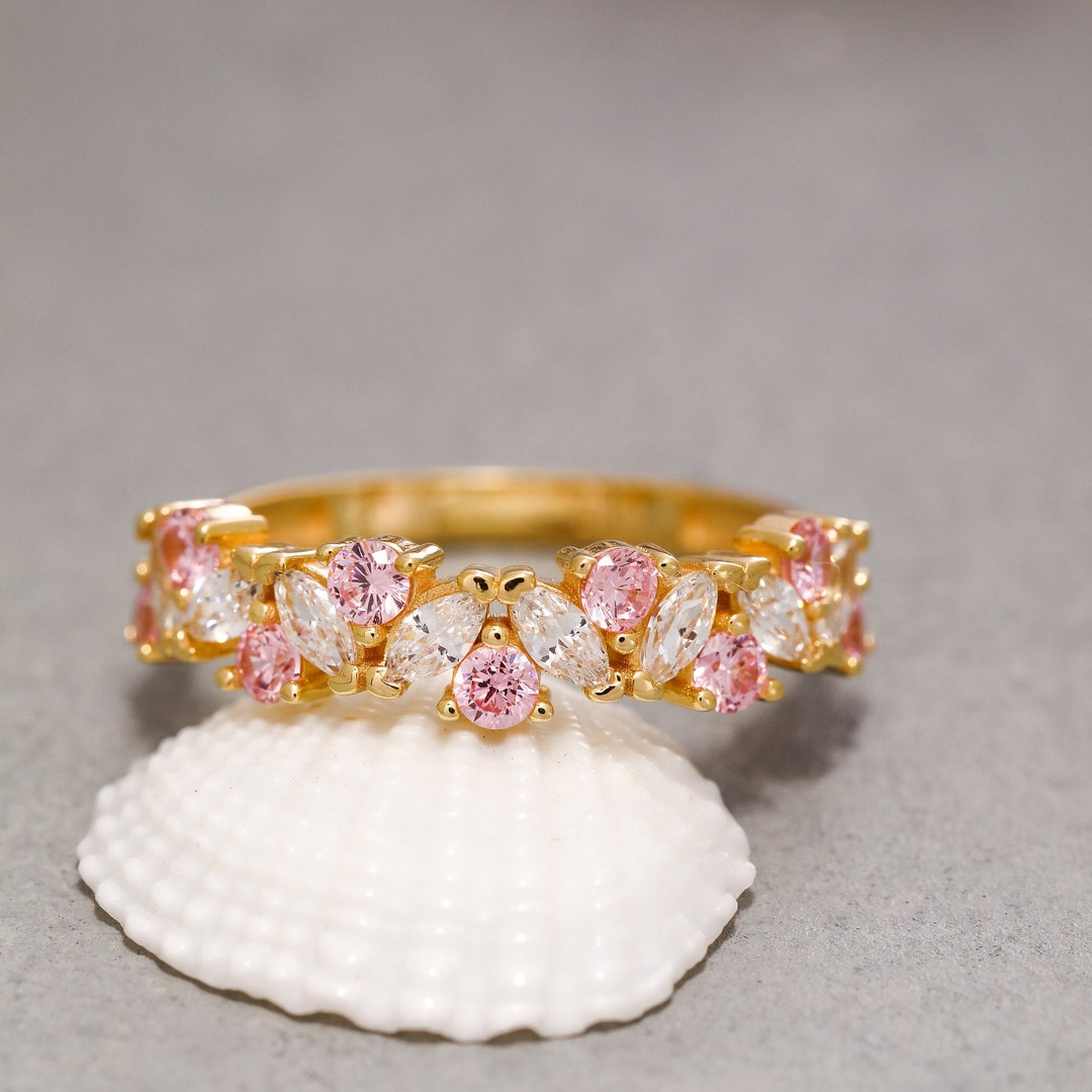 14K Solid Gold Multi Stone Ring, Sterling Silver Pink Stone Ring ...