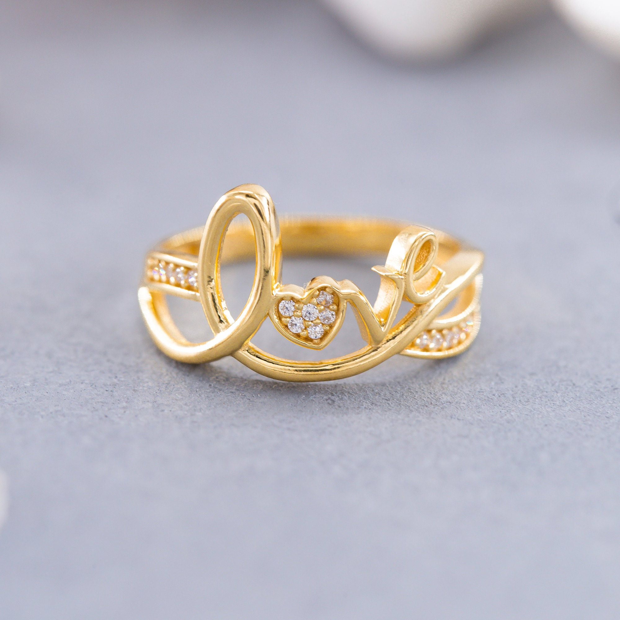 14K Solid Gold Love Ring 925 Sterling Silver Love Ring - Etsy