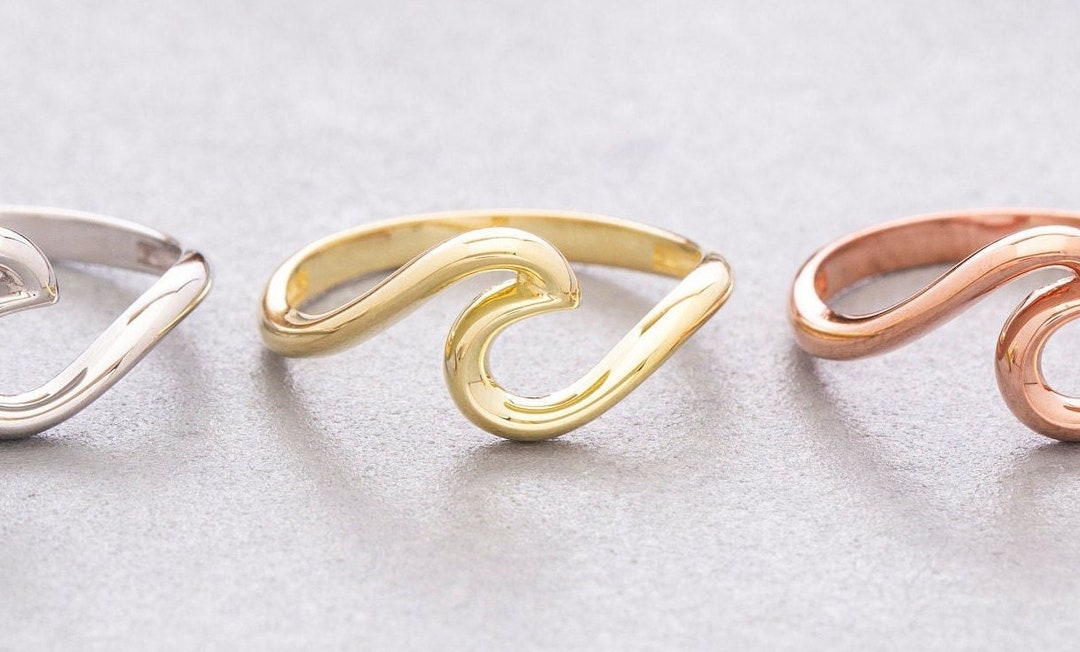 14K Solid Gold Wave Ring, 925 Sterling Silver Wave Ring, Dainty Wave ...