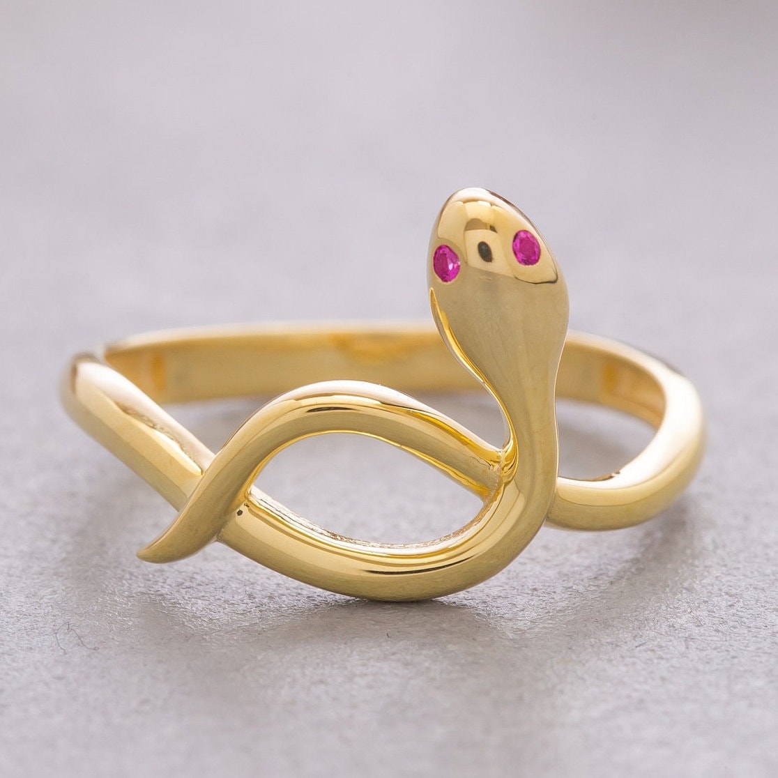 14K Solid Gold Snake Ring, 925 Sterling Silver Snake Ring, Ruby Stone ...