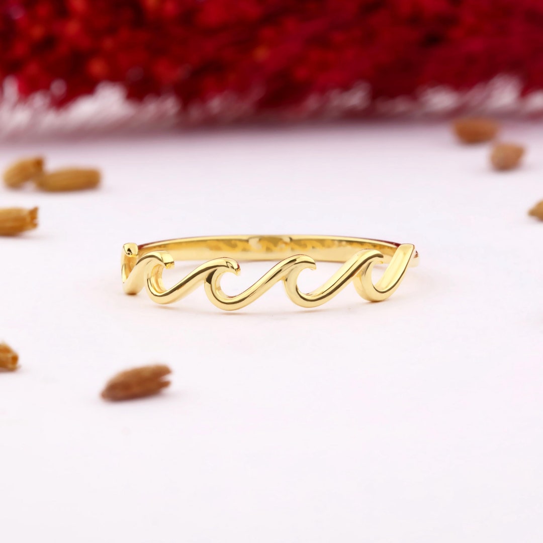14K Solid Gold Wave Ring, 925 Sterling Silver Wave Ring, Sea Wave ...