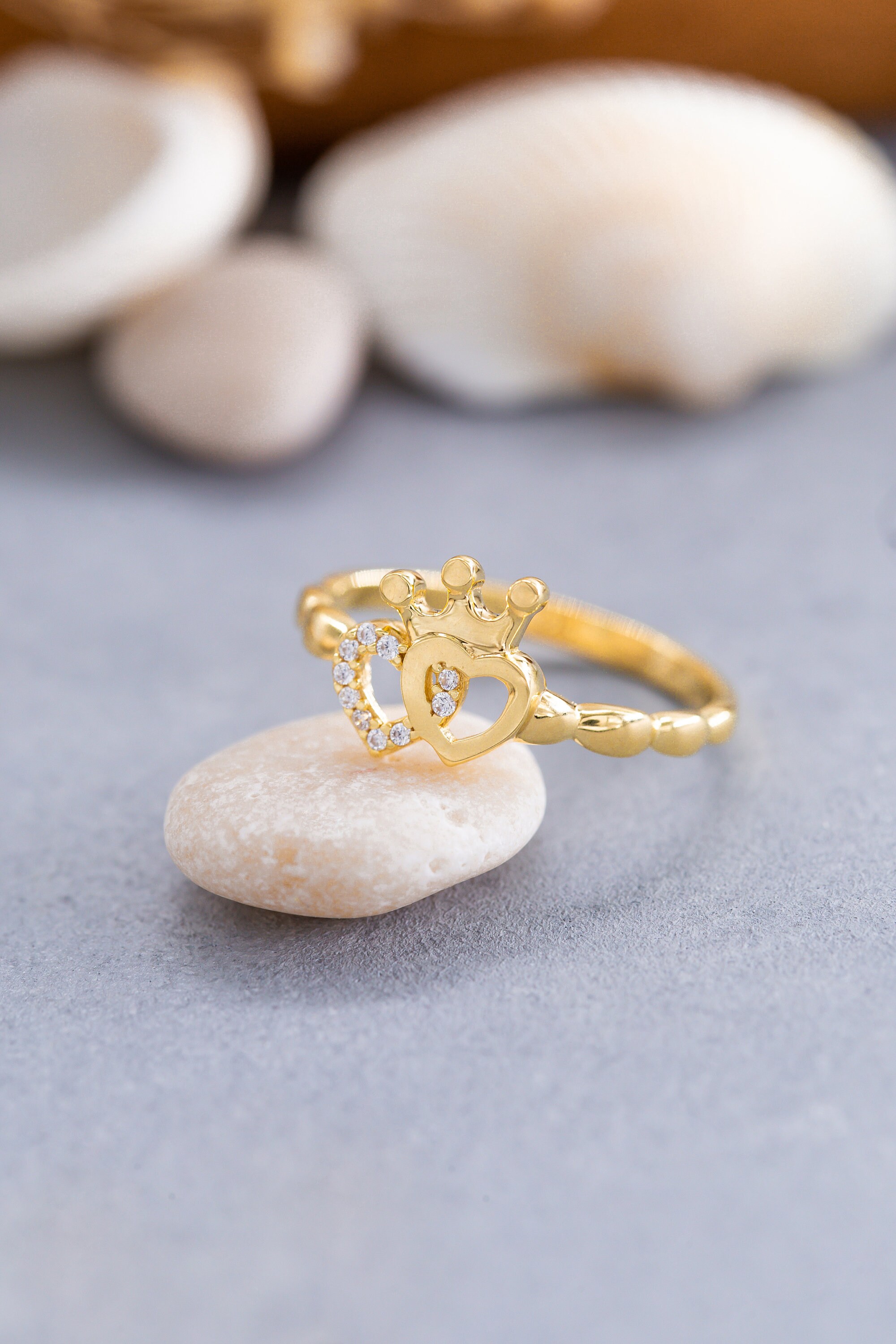 14K Solid Gold Heart Crown Ring 925 Sterling Silver Heart - Etsy