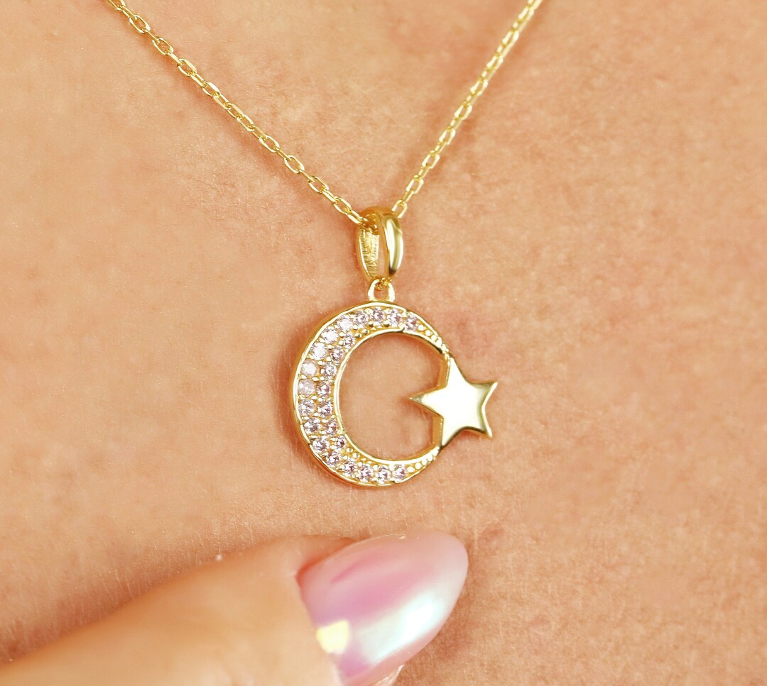 14K Solid Gold Moon Star Necklace, Moon Star Necklace, 925 Sterling ...