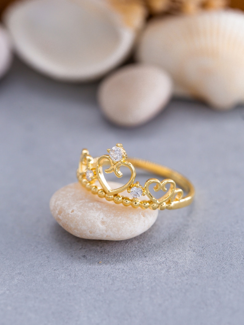 14K Solid Gold Heart Crown Ring 925 Sterling Silver Heart - Etsy