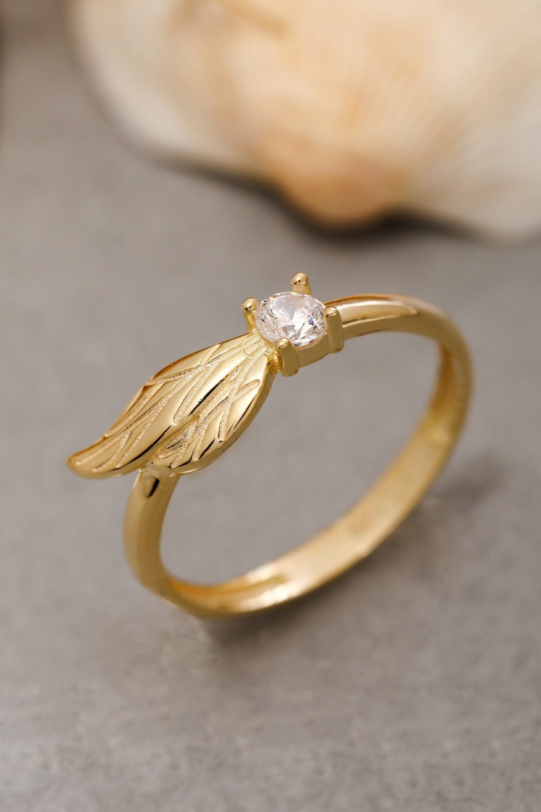 14K Solid Gold Angel Wing Ring, Sterling Silver Angel Wing Ring, Cubic ...