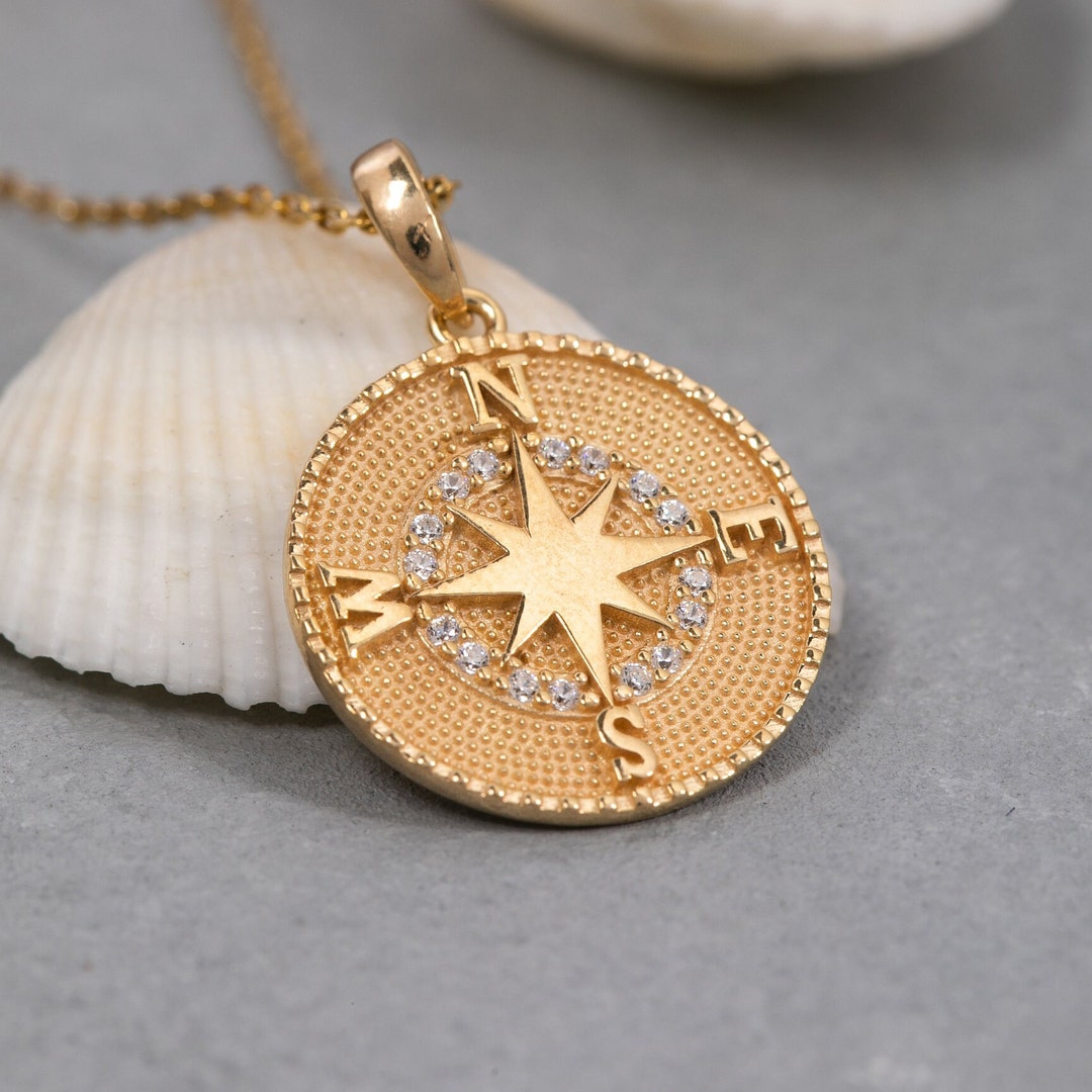 14K Solid Gold Compass Necklace, 925 Sterling Silver Compass Necklace ...