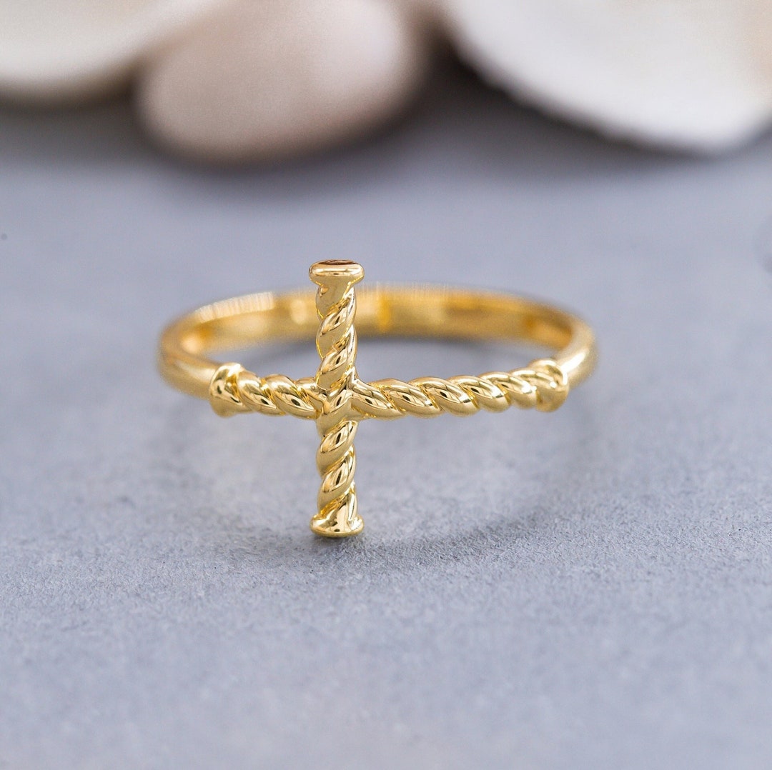14K Solid Gold Cross Ring, 925 Sterling Silver Cross Ring, Twirl Cross ...