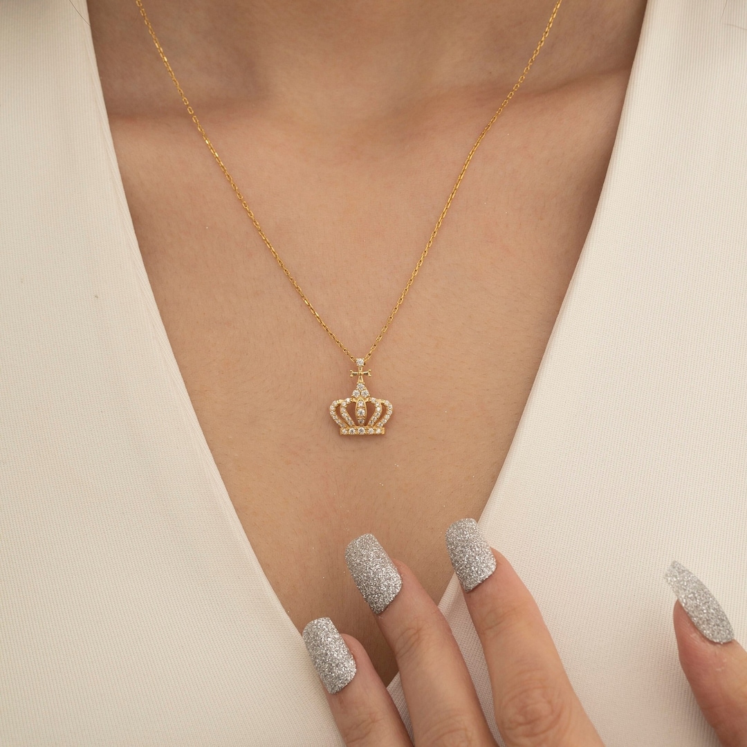 14K Solid Gold Cross Crown Necklace, 925 Silver Cross Crown Necklace ...