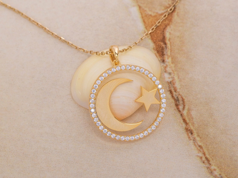14K Solid Gold Moon Star Necklace, Moon Star Necklace, 925 Sterling ...