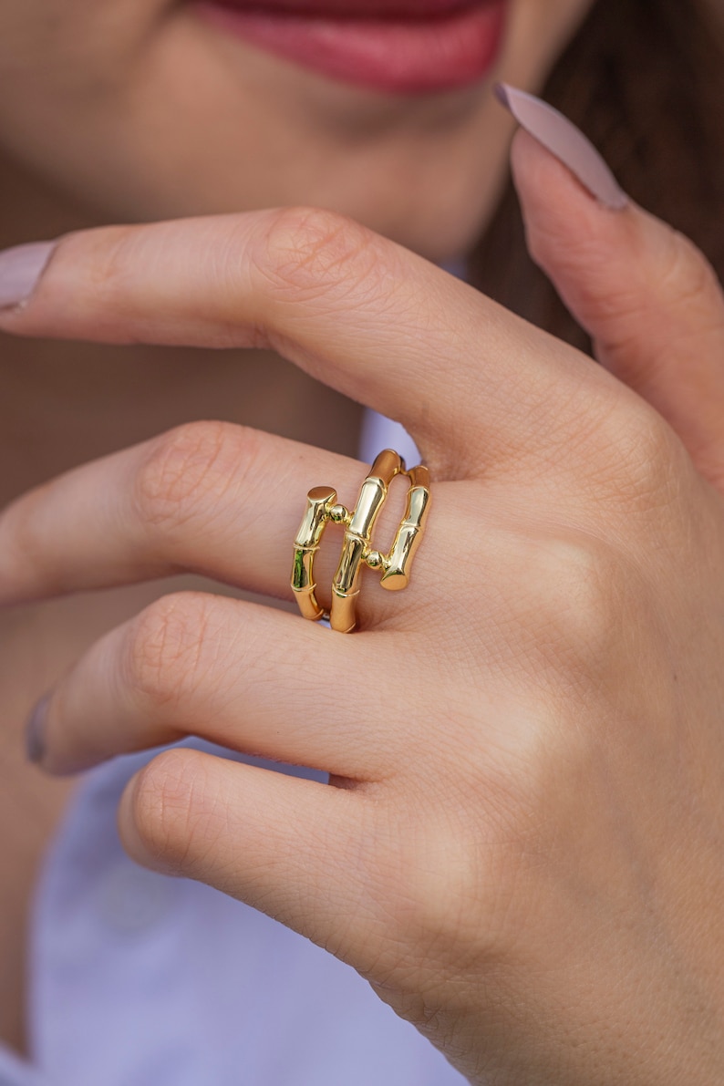 Big Bamboo Ring 14K Solid Gold Bamboo Ring 925 Sterling - Etsy