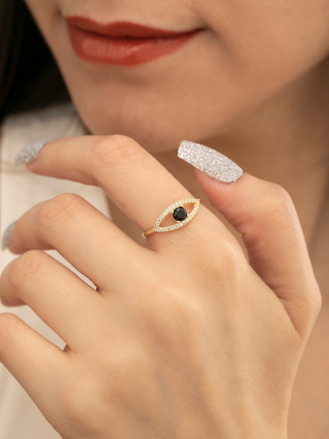 14K Solid Gold Evil Eye Ring, Sterling Silver Evil Eye Ring, Handmade ...