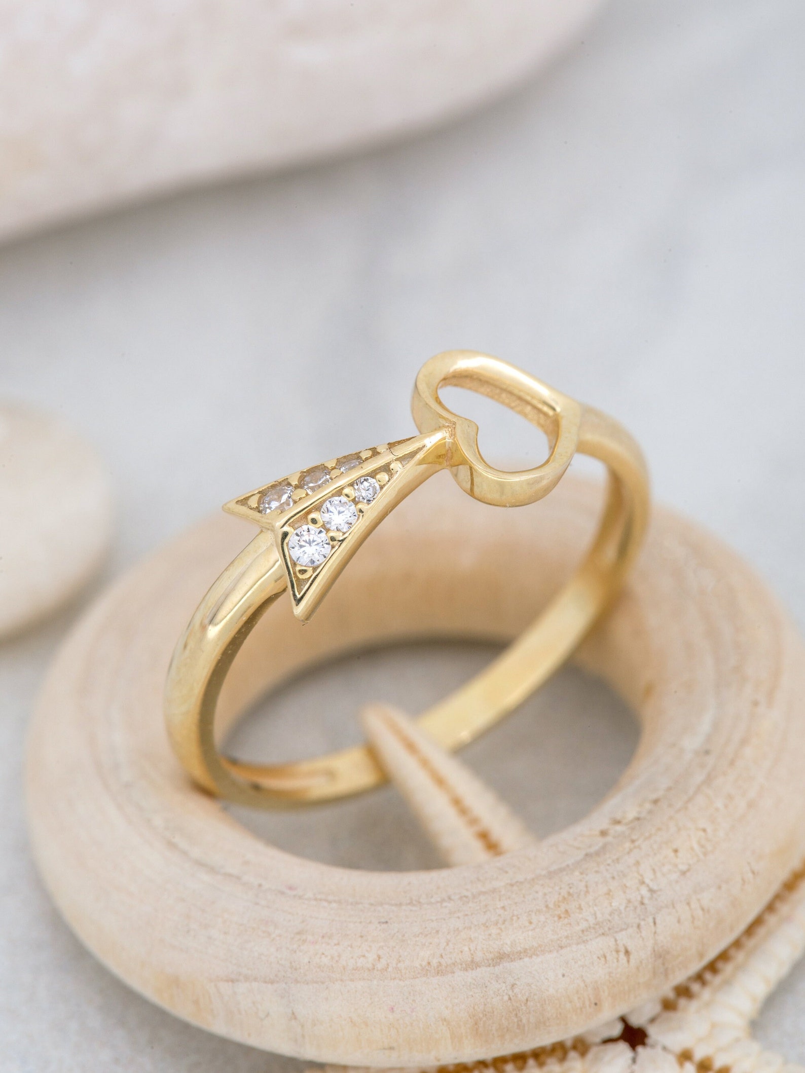 14K Solid Gold Heart and Arrow Ring, 925 Sterling Silver Heart and ...