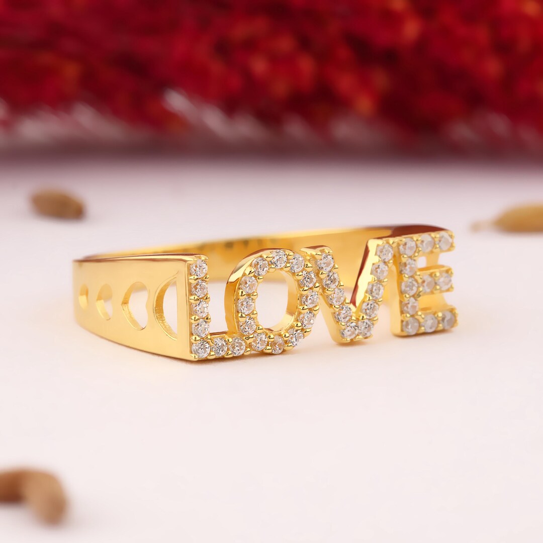 14K Solid Gold Love Ring, 925 Sterling Silver Love Ring, Script Love ...