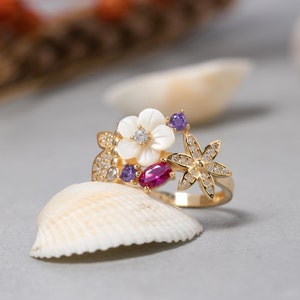 14K Solid Gold Magnolia Flower Ring, 925 Sterling Silver Magnolia ...