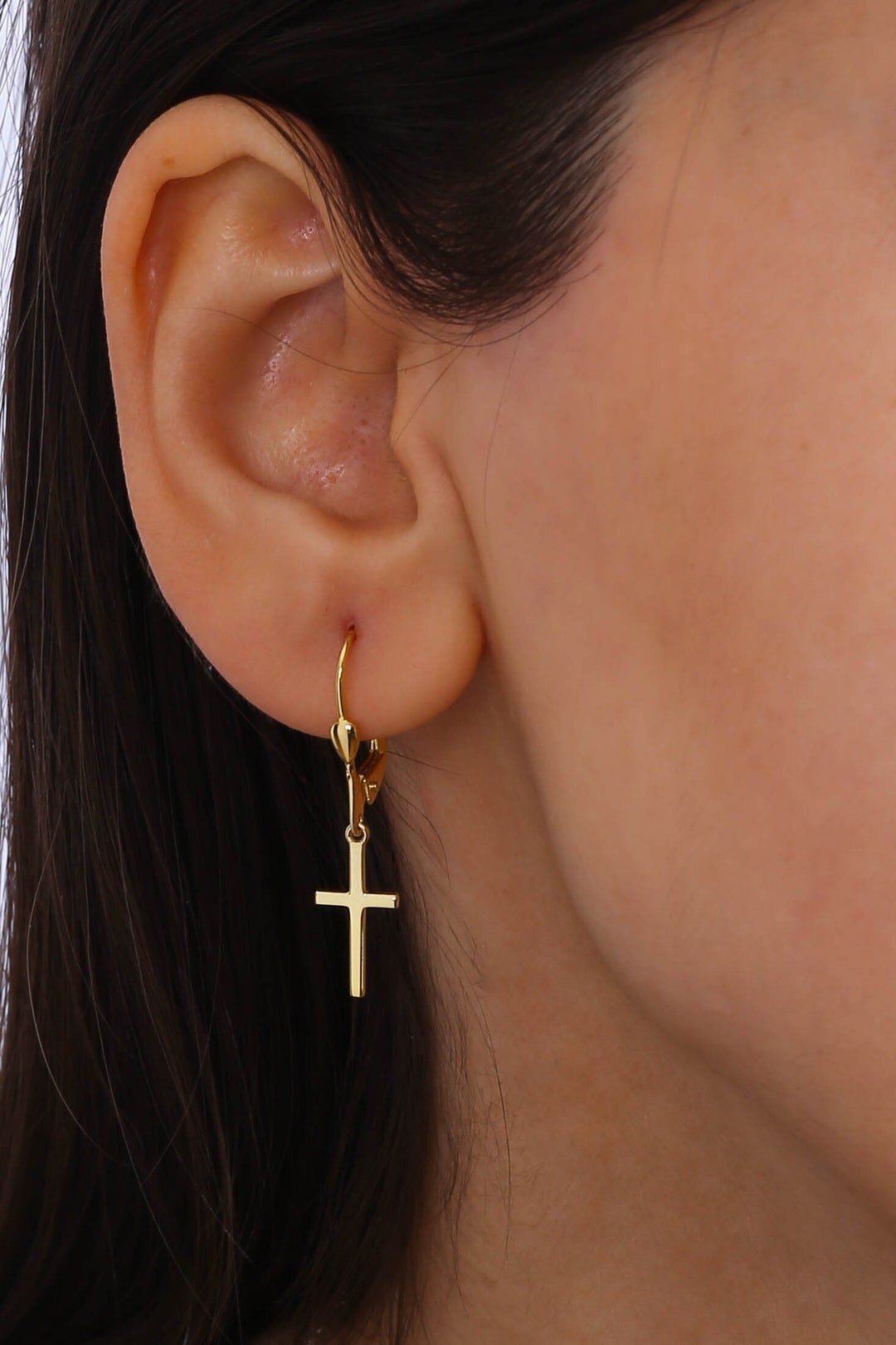 14K Solid Gold Cross Earrings, 925 Sterling Silver Cross Earrings ...