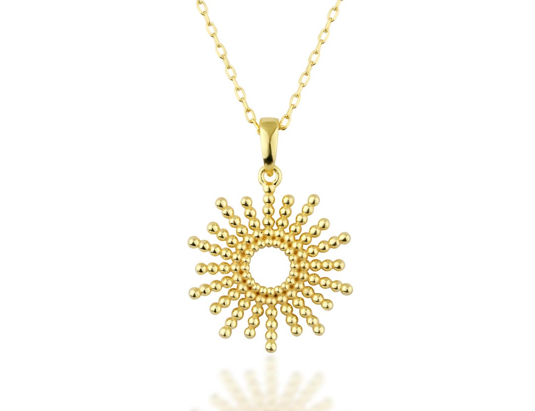 14K Solid Gold Sun Necklace, 925 Sterling Silver Sun Necklace, Sunshine ...