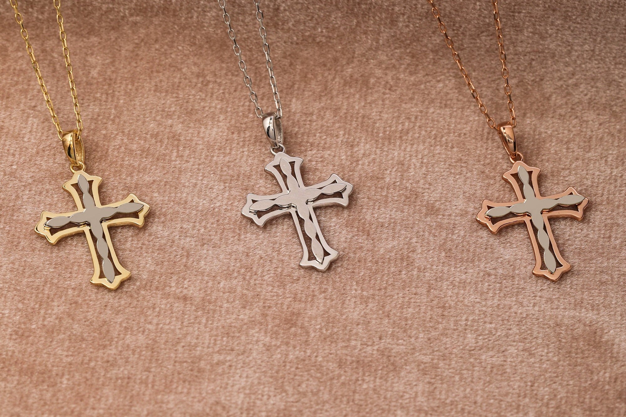 14K Solid Gold 2 Tone Cross Necklace 925 Sterling Silver 2 - Etsy