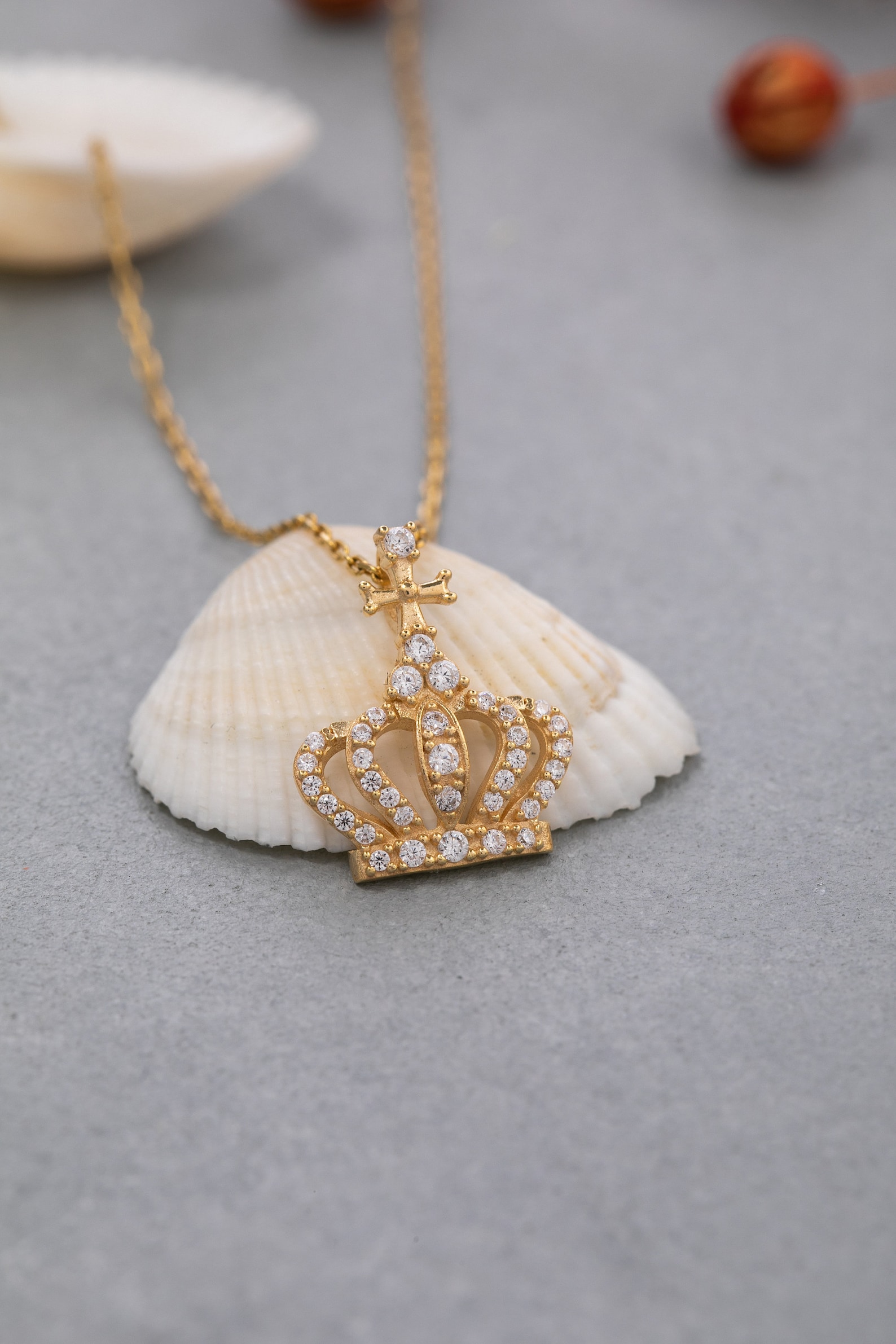 14K Solid Gold Cross Crown Necklace, 925 Silver Cross Crown Necklace ...