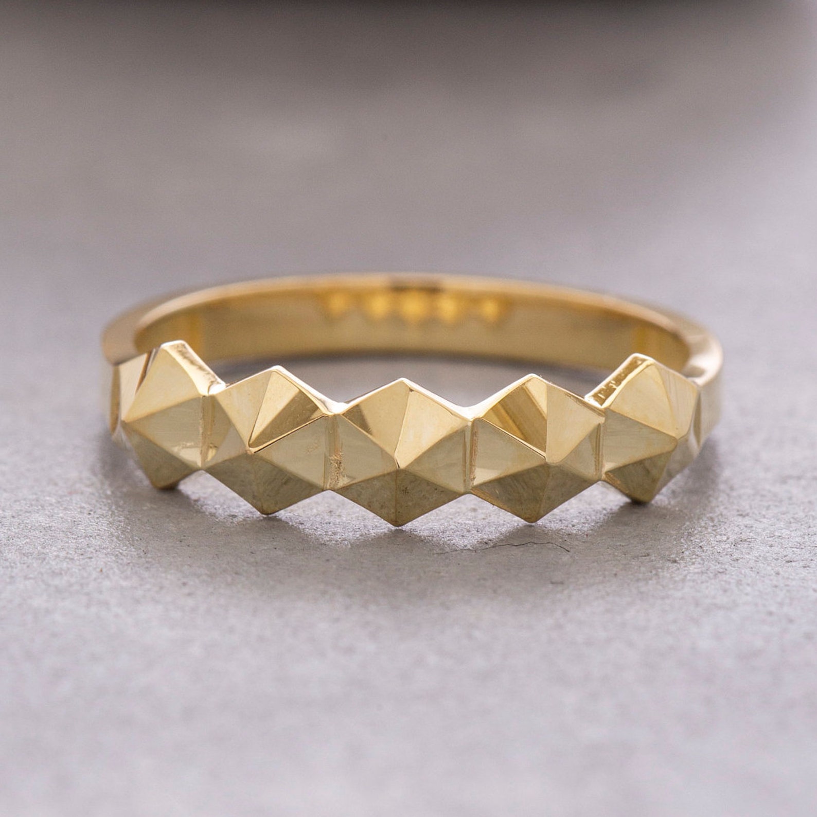 14K Solid Gold Geometric Faceted Ring 925 Sterling Silver - Etsy