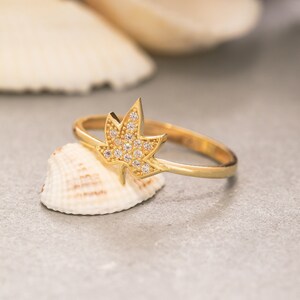 14K Solid Gold Maple Leaf Ring, 925 Sterling Silver Maple Leaf Ring, CZ ...