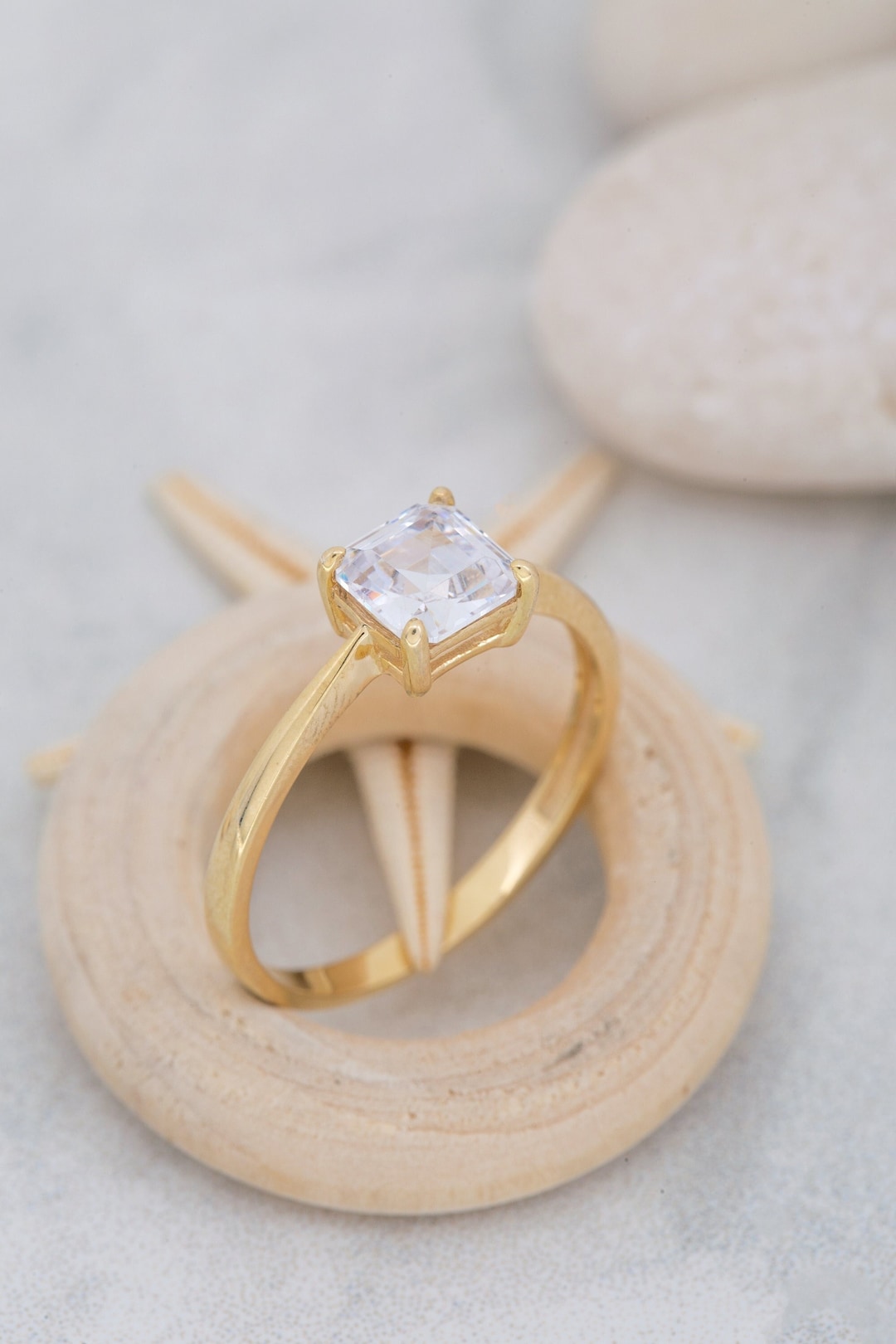 14K Solid Gold Square Stone Solitaire Ring, 925 Sterling Silver Square ...