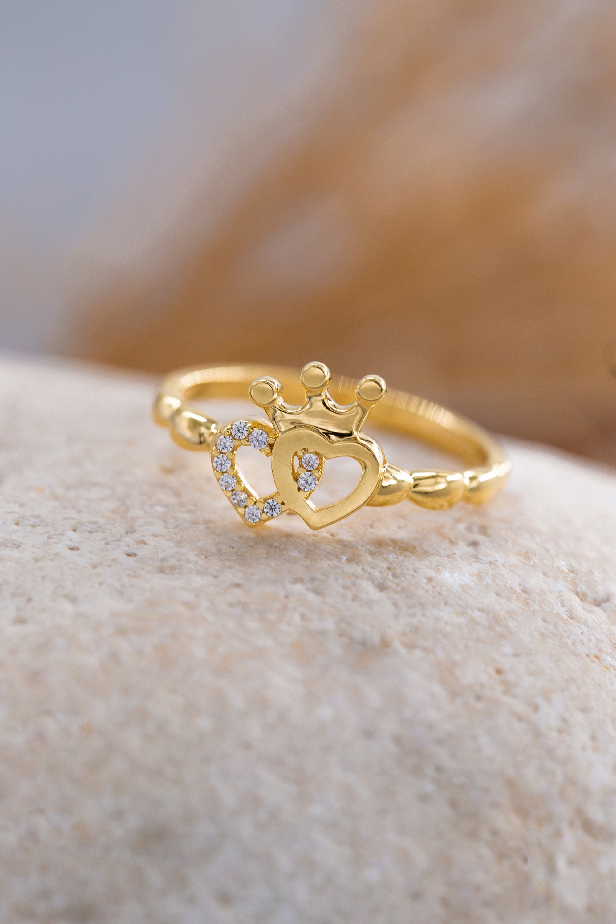 14K Solid Gold Heart Crown Ring 925 Sterling Silver Heart - Etsy