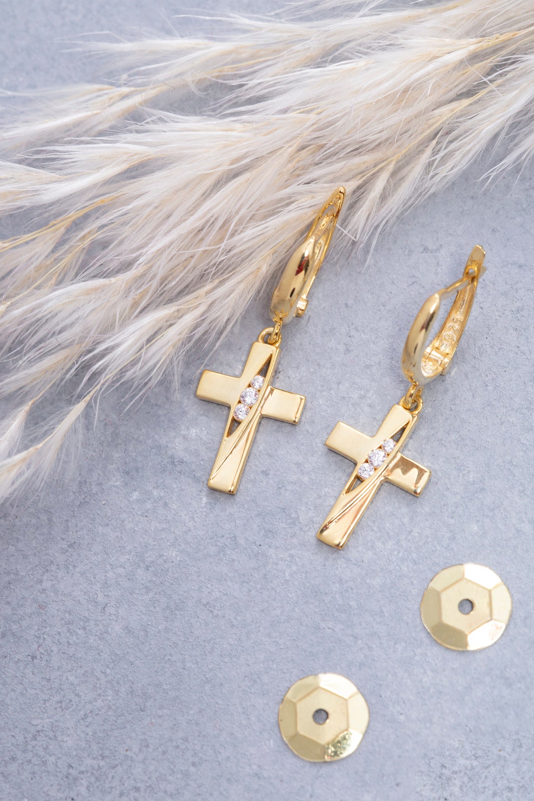 14K Solid Gold Cross Earrings, 925 Sterling Silver Cross Earrings ...