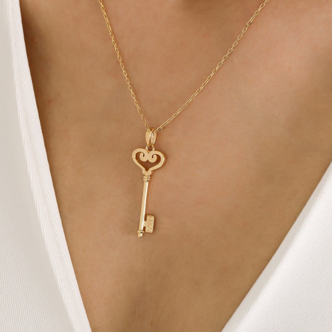 14K Solid Gold Key Love Necklace, 925 Sterling Silver Key Love Necklace ...