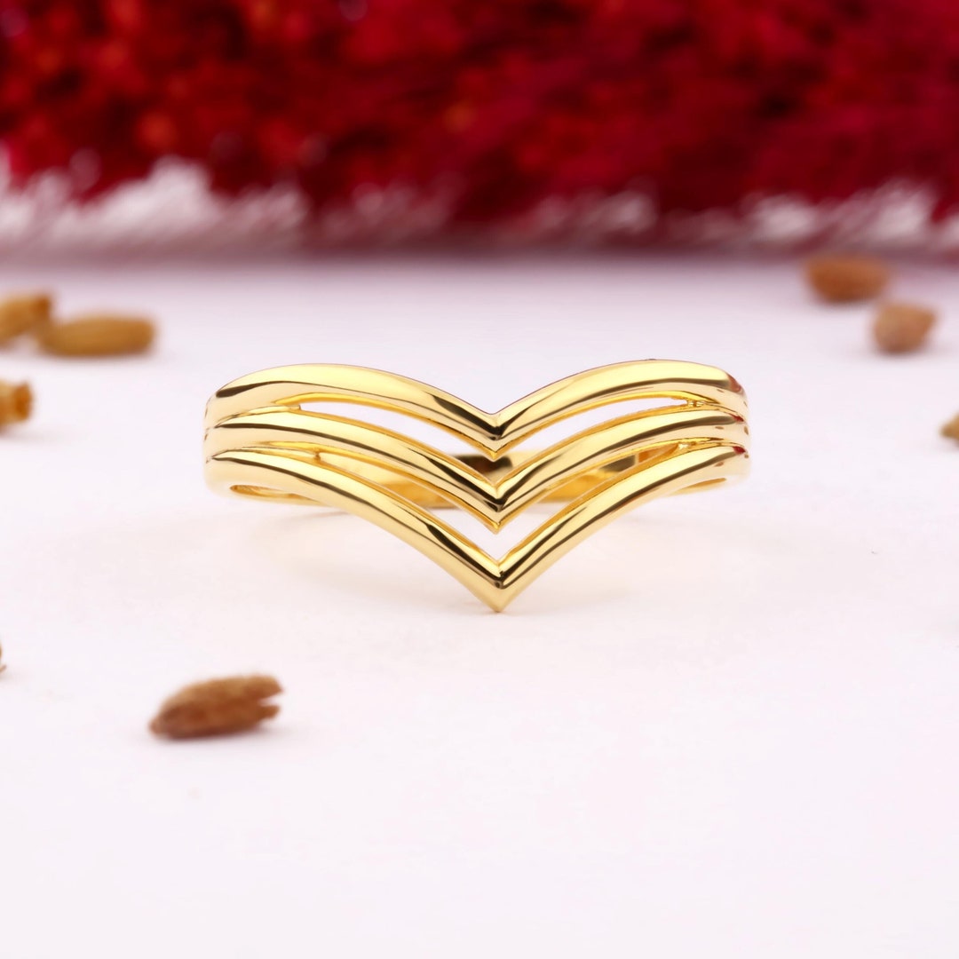 14K Solid Gold V Ring, 925 Sterling Silver V Ring, Chevron Ring, 3 Row ...